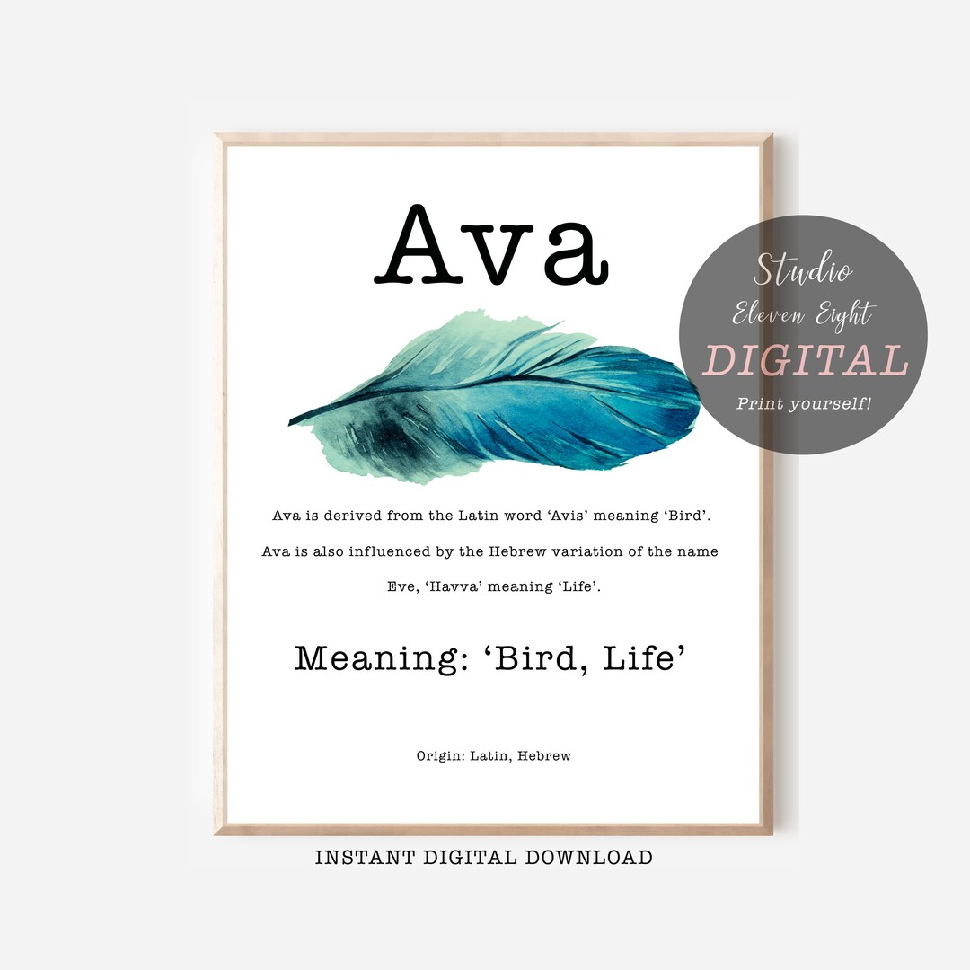 Ava Name Meaning Printable With Blue Green Feather and Typewriter Font ...