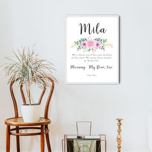 Mila Name Meaning Printable With Pink Flowers and Calligraphy Style ...