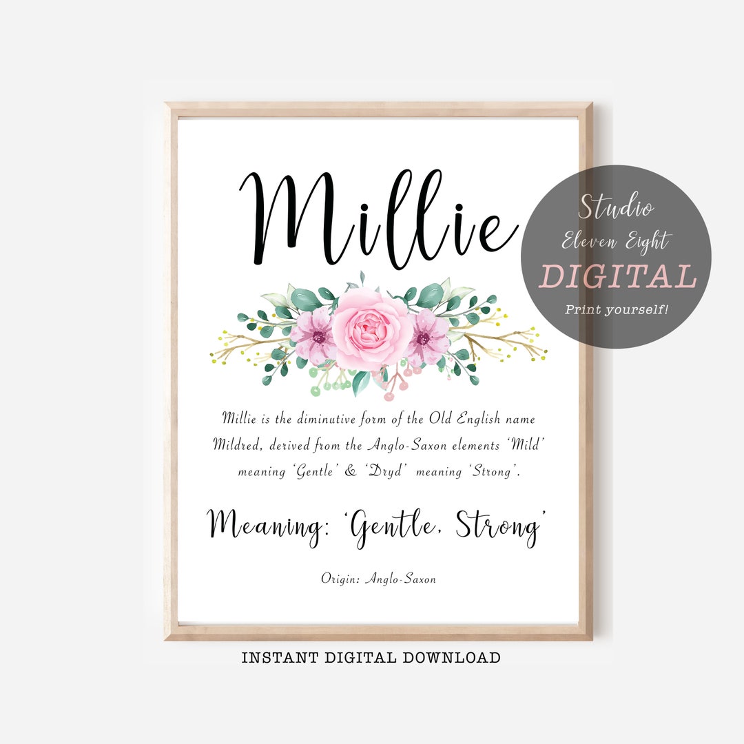 Millie Name Meaning Pink Floral DIGITAL DOWNLOAD, Millie Name Printable ...