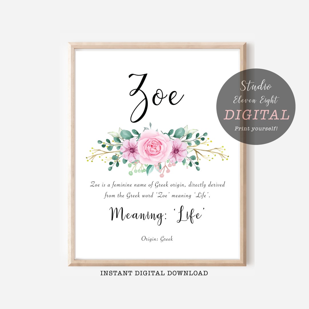 Zoe Name Meaning Pink Floral Digital Print, Zoe Instant Download ...
