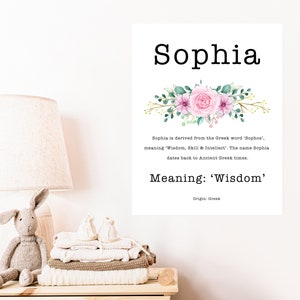 Sophia Name Meaning Printable With Pink Flowers and Typewriter Font ...
