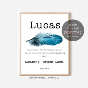 Lucas Name Meaning Digital Printable With Blue Feather and Typewriter ...