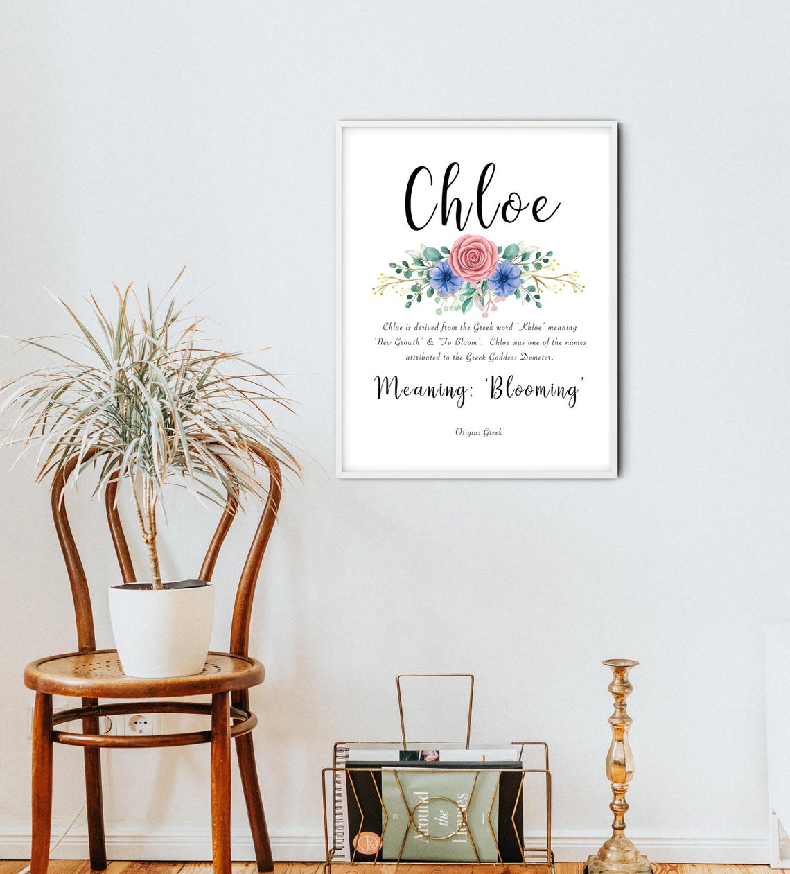 Chloe Name Meaning Print: Pink and Blue Floral Calligraphy (digital ...