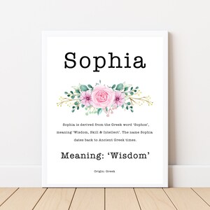 Sophia Name Meaning Printable With Pink Flowers and Typewriter Font ...