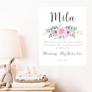 Mila Name Meaning Printable With Pink Floral Artwork, Mila Digital ...