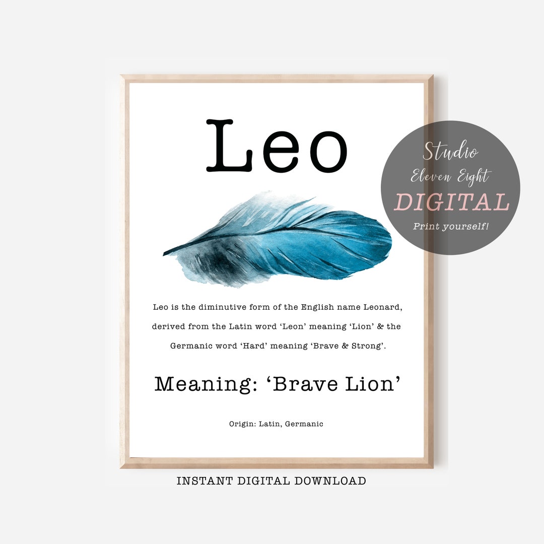 Leo Name Meaning Printable With Blue Feather and Typewriter Font, Leo ...