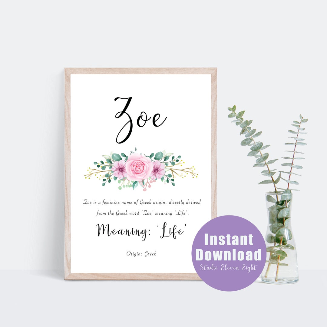 Zoe Name Meaning Pink Floral Digital Print, Zoe Instant Download ...