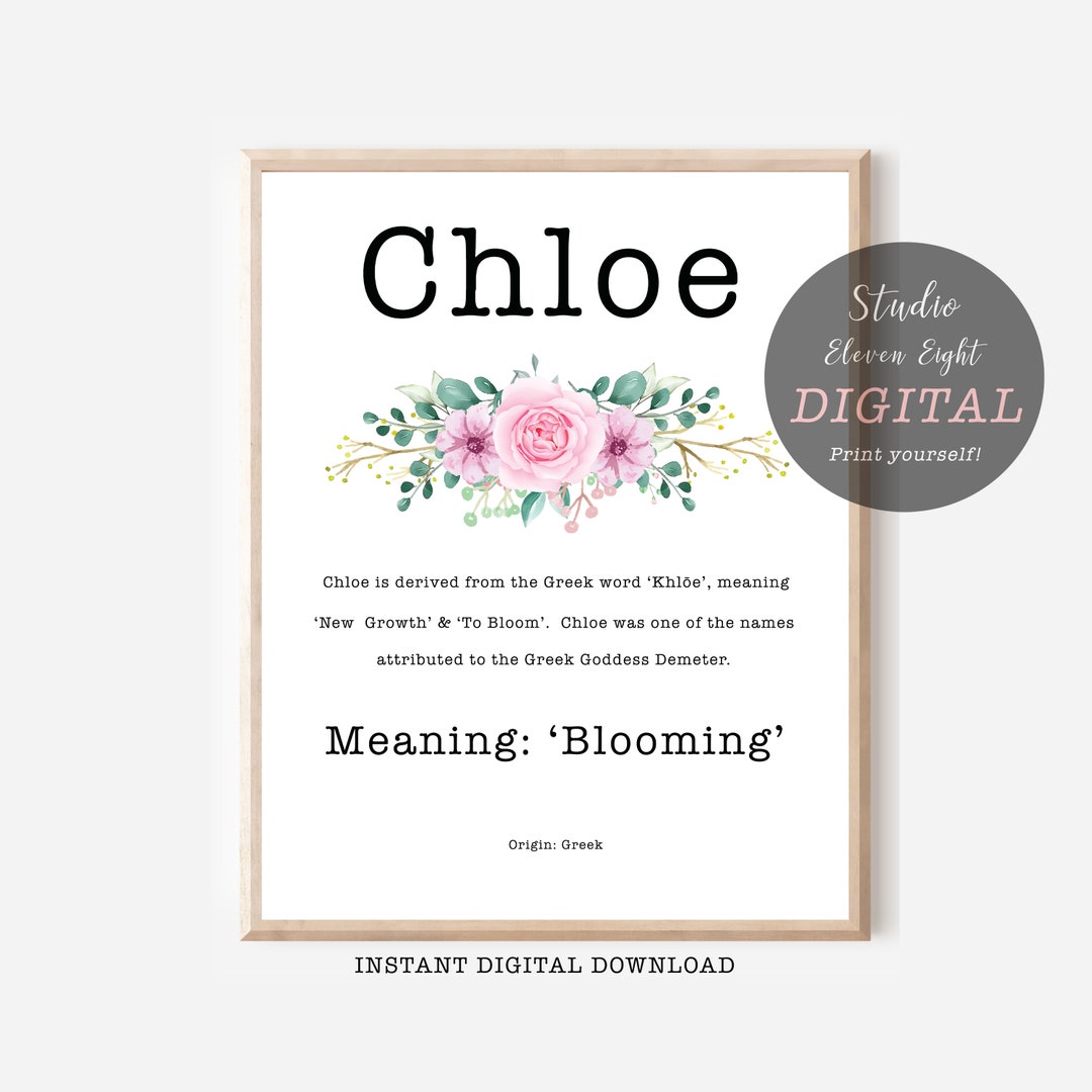 Chloe Name Meaning Printable With Pink Flowers and Typewriter Font ...