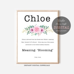 Chloe Name Meaning Printable With Pink Flowers and Typewriter Font ...