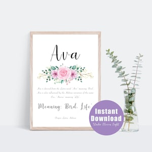 Ava Name Meaning Printable With Pink Floral Design , Ava Instant ...