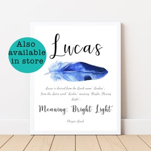 Lucas Name Meaning Digital Printable With Blue Feather and Typewriter ...