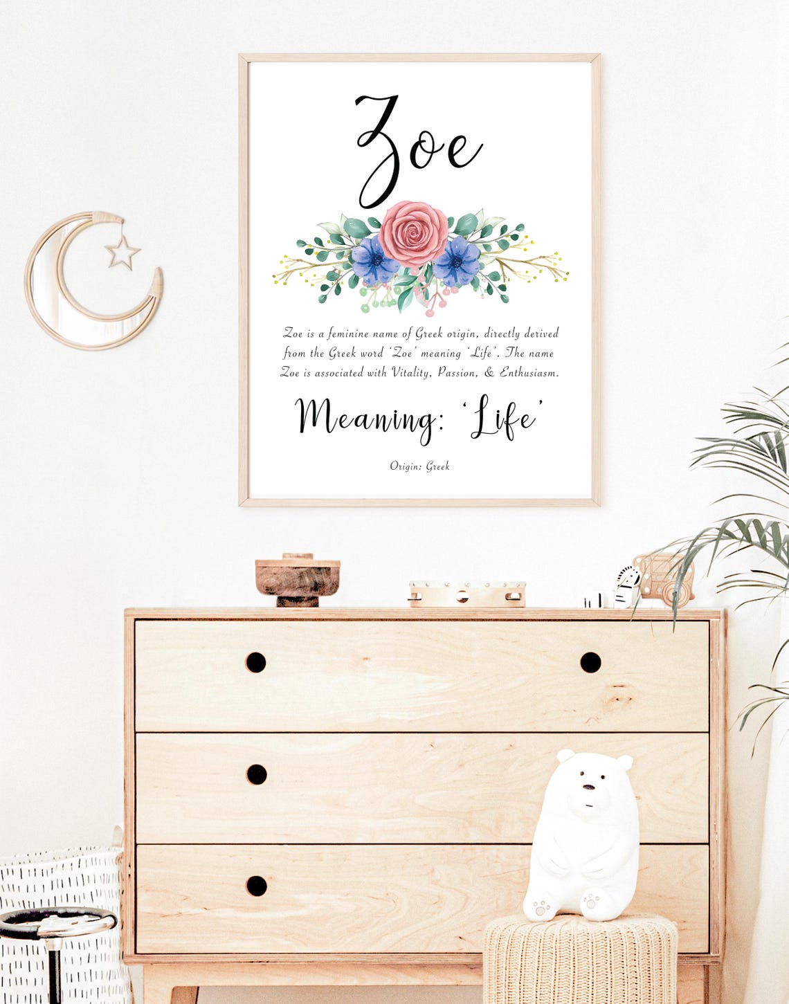Zoe Name Meaning Printable With Pink and Blue Flowers and Calligraphy ...