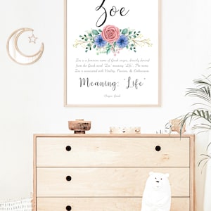 Zoe Name Meaning Printable With Pink and Blue Flowers and Calligraphy ...
