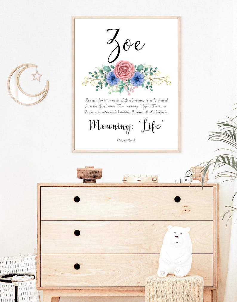 Zoe Name Meaning Printable With Pink and Blue Flowers and Calligraphy ...