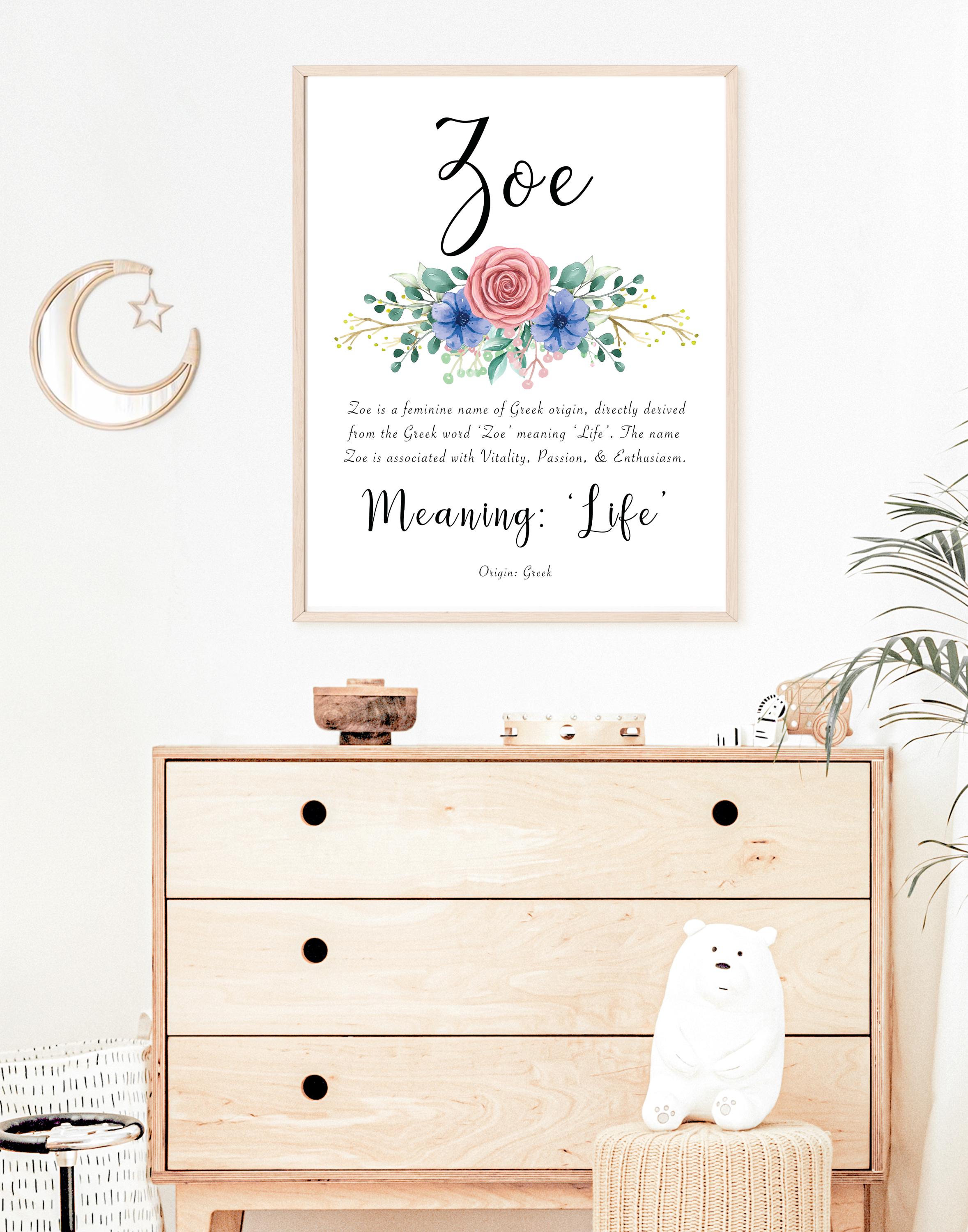 Zoe Name Meaning Printable With Pink and Blue Flowers and Calligraphy ...