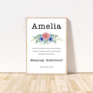 Amelia Name Meaning Printable With Pink and Blue Flowers and Typewriter ...