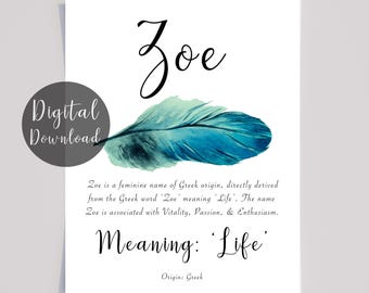 Zoe Name Meaning Printable With Pink Flowers and Calligraphy : Digital ...
