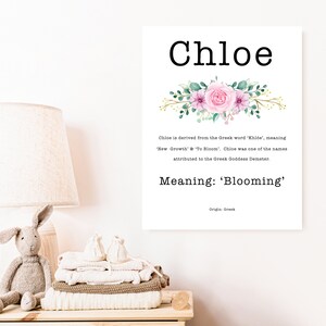 Chloe Name Meaning Printable With Pink Flowers and Typewriter Font ...