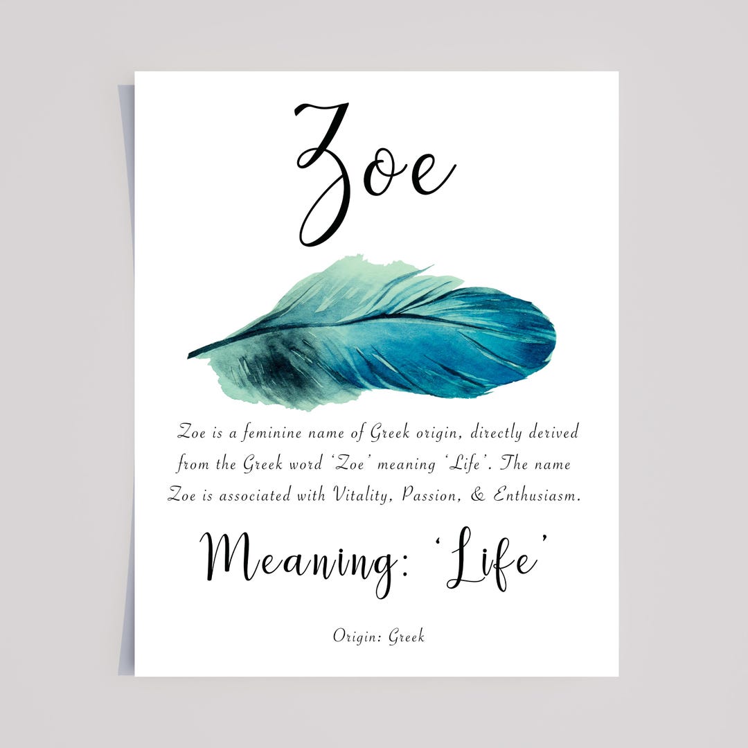 Zoe Name Meaning Print With Blue Green Watercolour Feather and ...