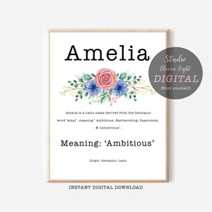 Amelia Name Meaning Printable With Pink and Blue Flowers and Typewriter ...