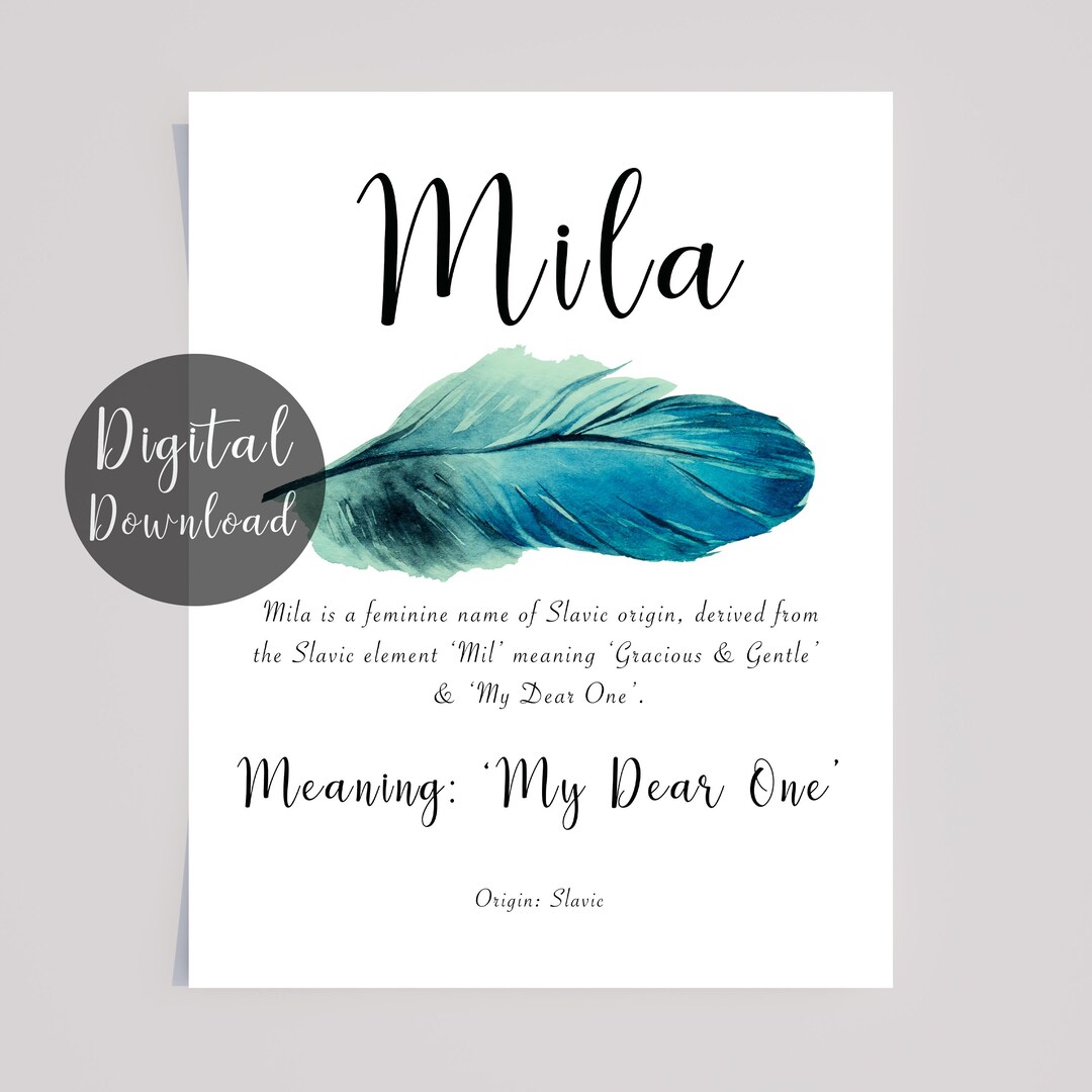 Mila Name Meaning Printable With Blue Green Watercolour Feather ...