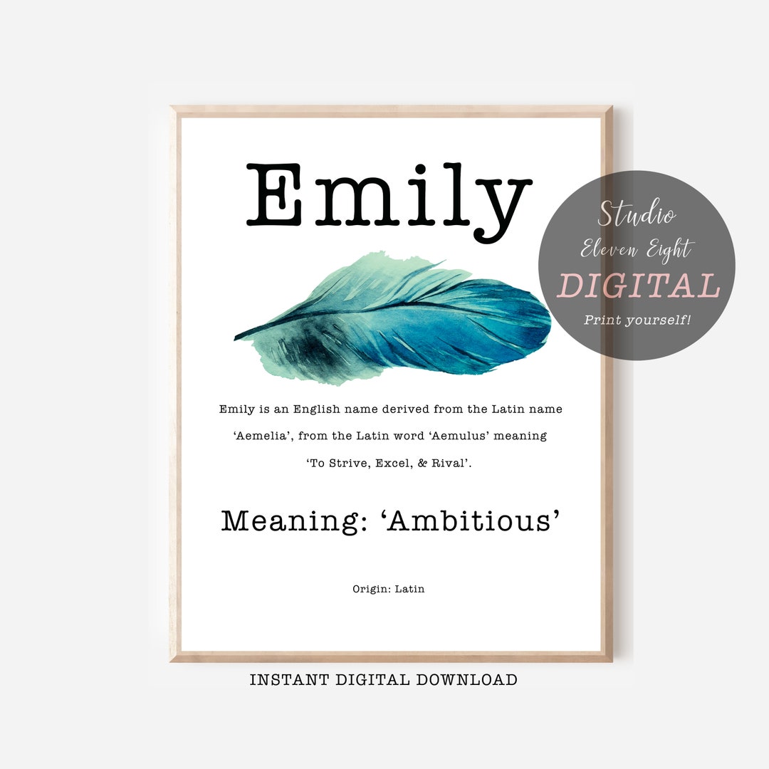 Emily Name Meaning Printable With Blue Green Feather and Typewriter ...