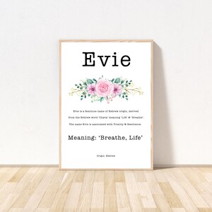 Evie Name Meaning Printable With Pink Flowers and Typewriter Font, Evie ...