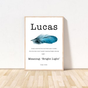 Lucas Name Meaning Digital Printable With Blue Feather and Typewriter ...