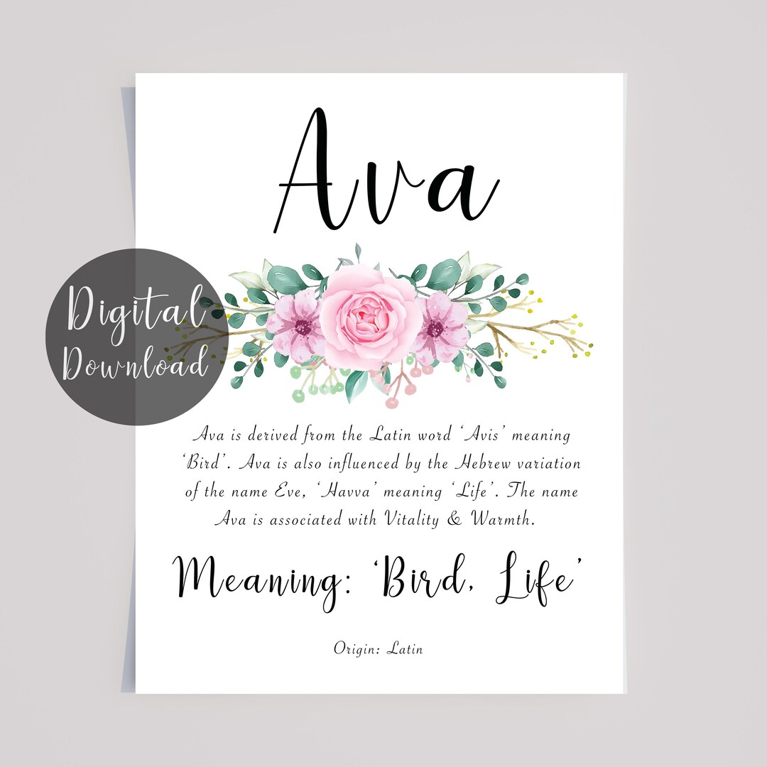 Ava Name Meaning Printable With Pink Flowers and Calligraphy : Digital ...
