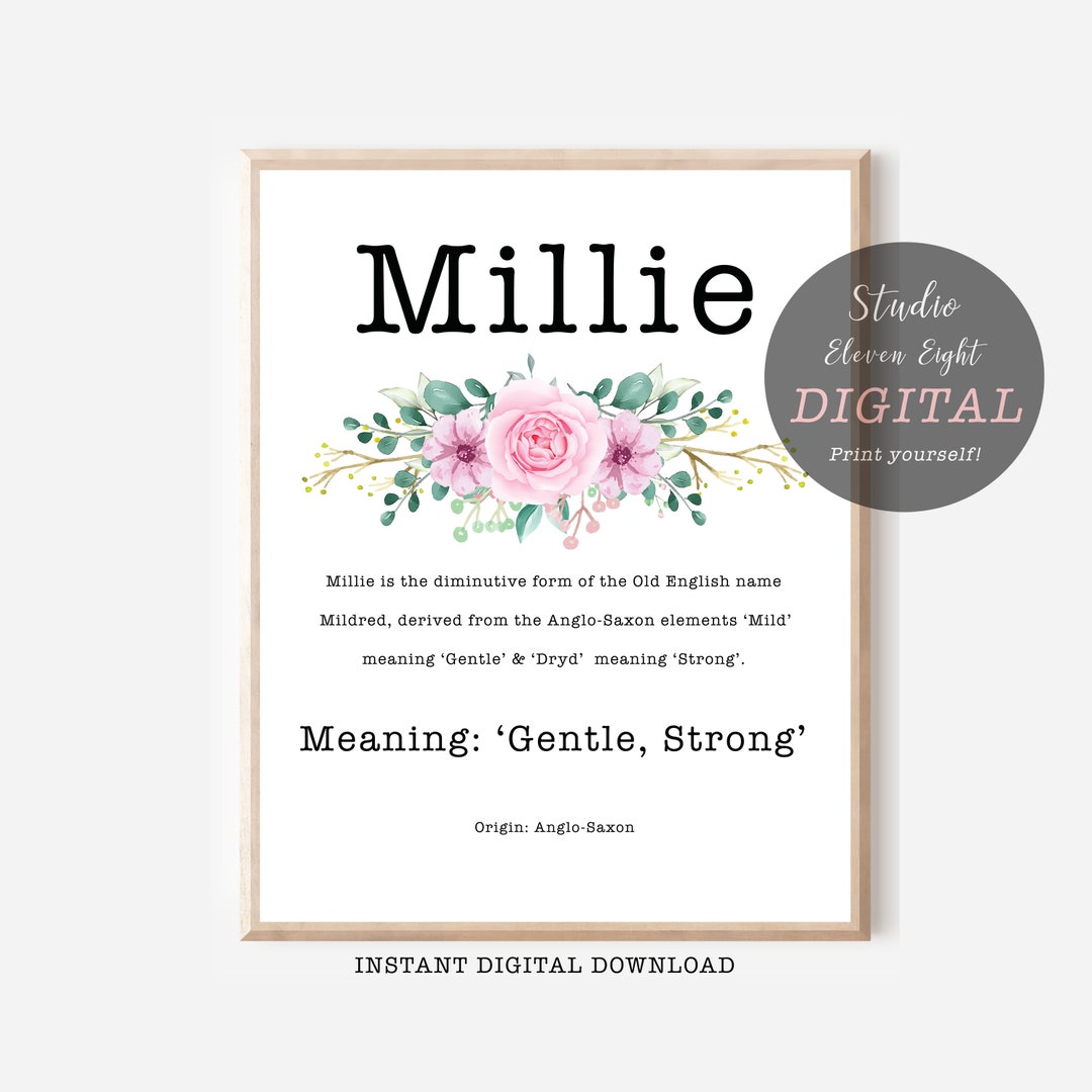 Millie Name Meaning Printable With Pink Flowers and Typewriter Font ...