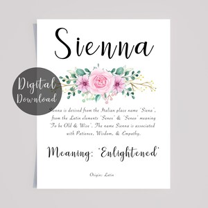 Sienna Name Meaning Printable With Pink Flowers and Calligraphy ...