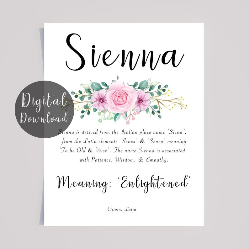 Sienna Name Meaning Printable With Pink Flowers and Calligraphy ...