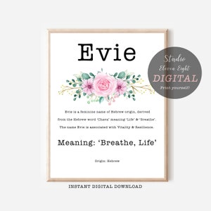 Evie Name Meaning Printable With Pink Flowers and Typewriter Font, Evie ...