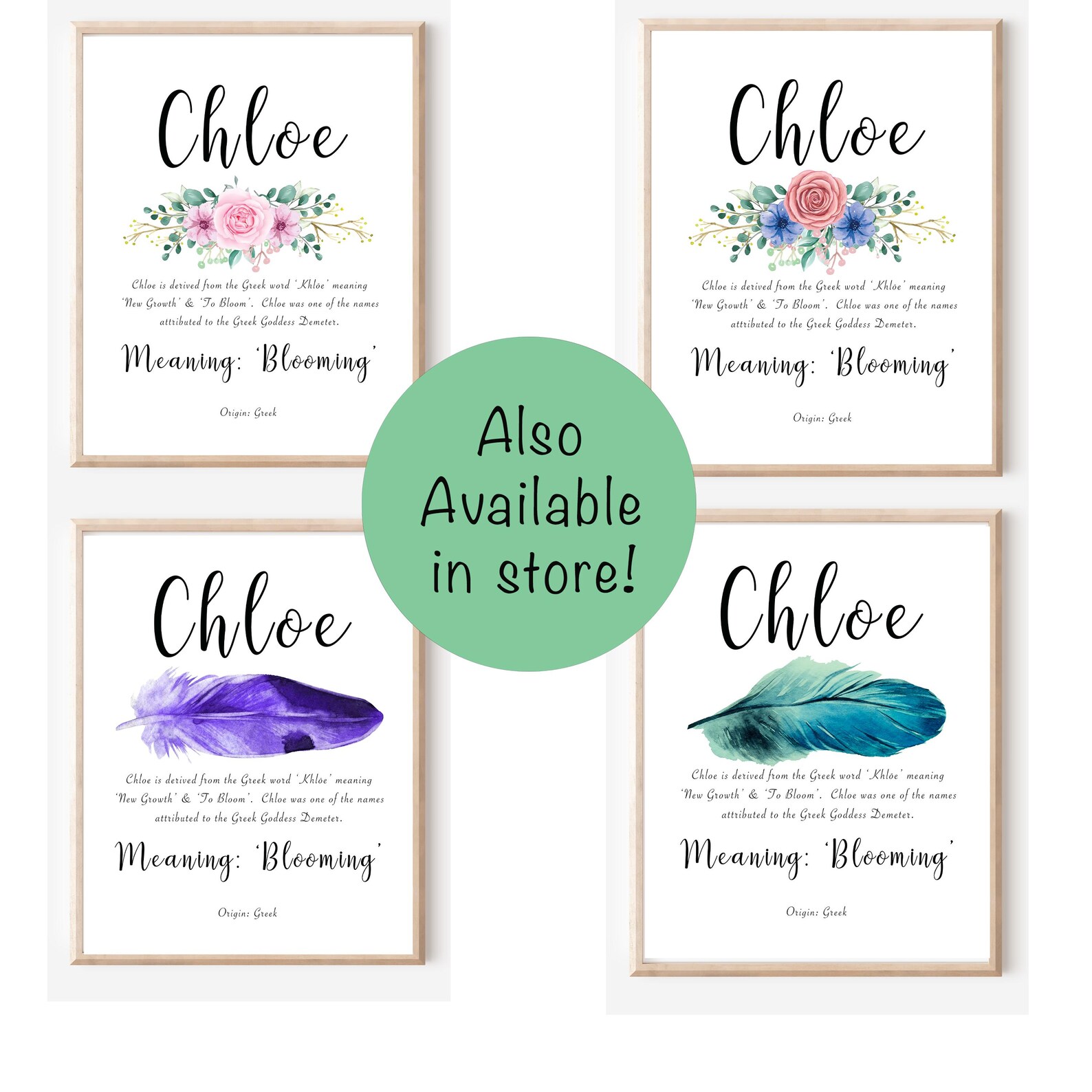 Chloe Name Meaning Print: Pink and Blue Floral Calligraphy (digital ...