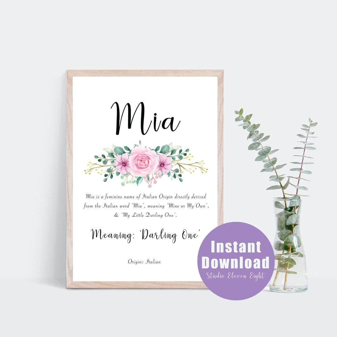 Mia Name Meaning Pink Floral Digital Print Mia Instant - Etsy