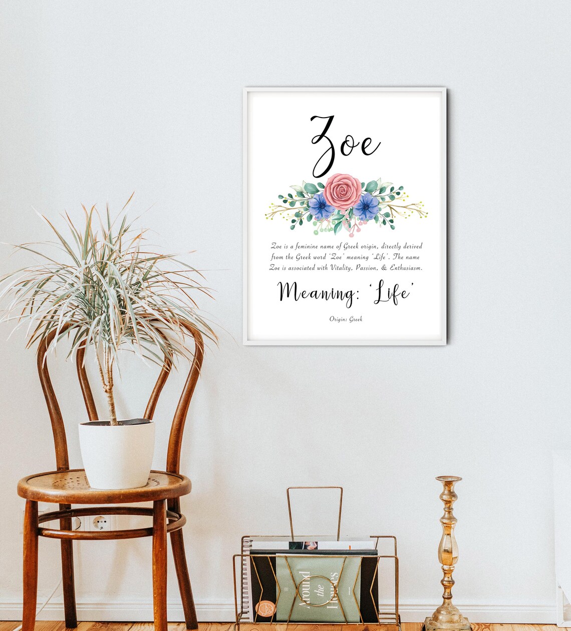 Zoe Name Meaning Printable With Pink and Blue Flowers and Calligraphy ...