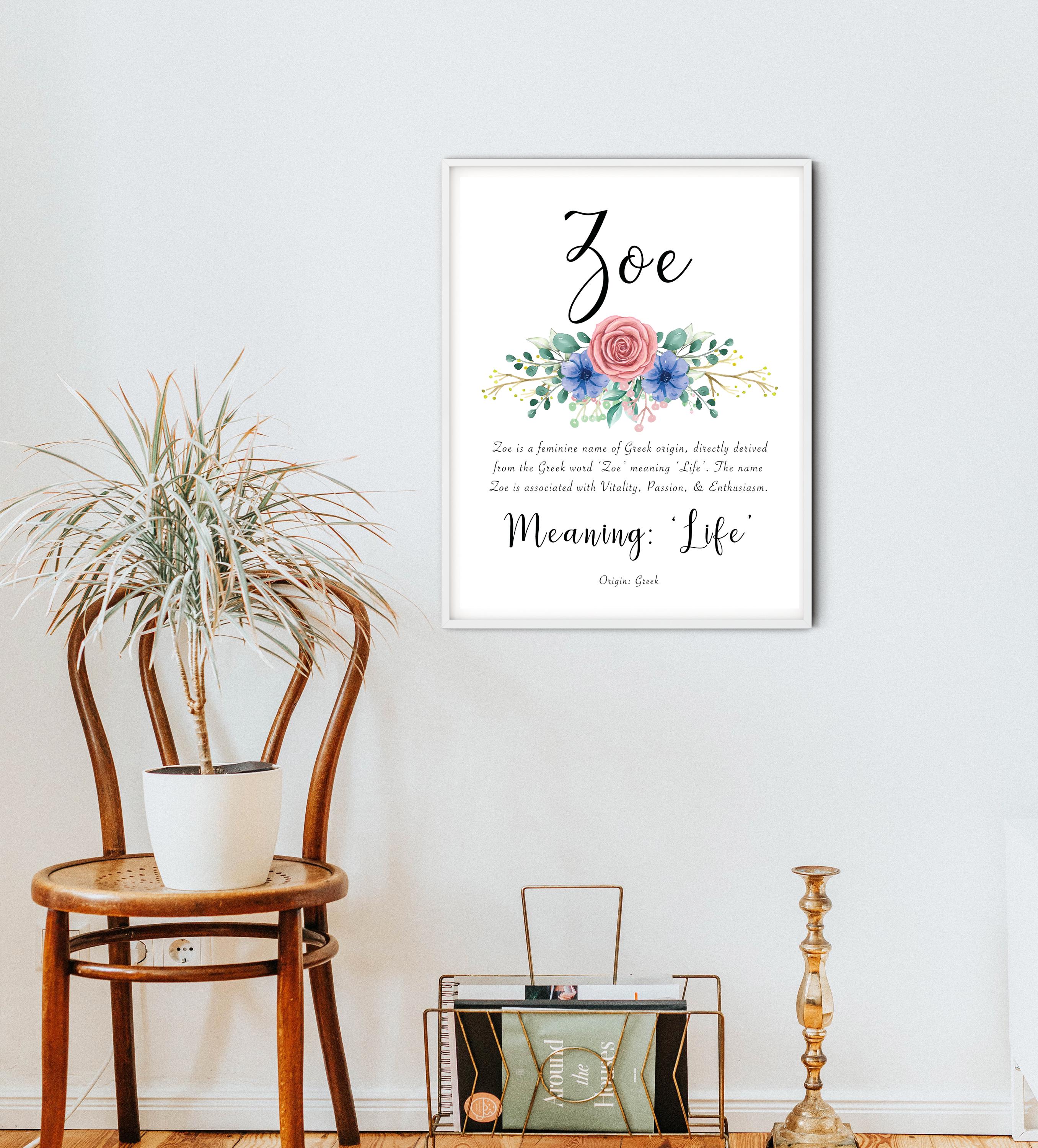 Zoe Name Meaning Printable With Pink and Blue Flowers and Calligraphy ...