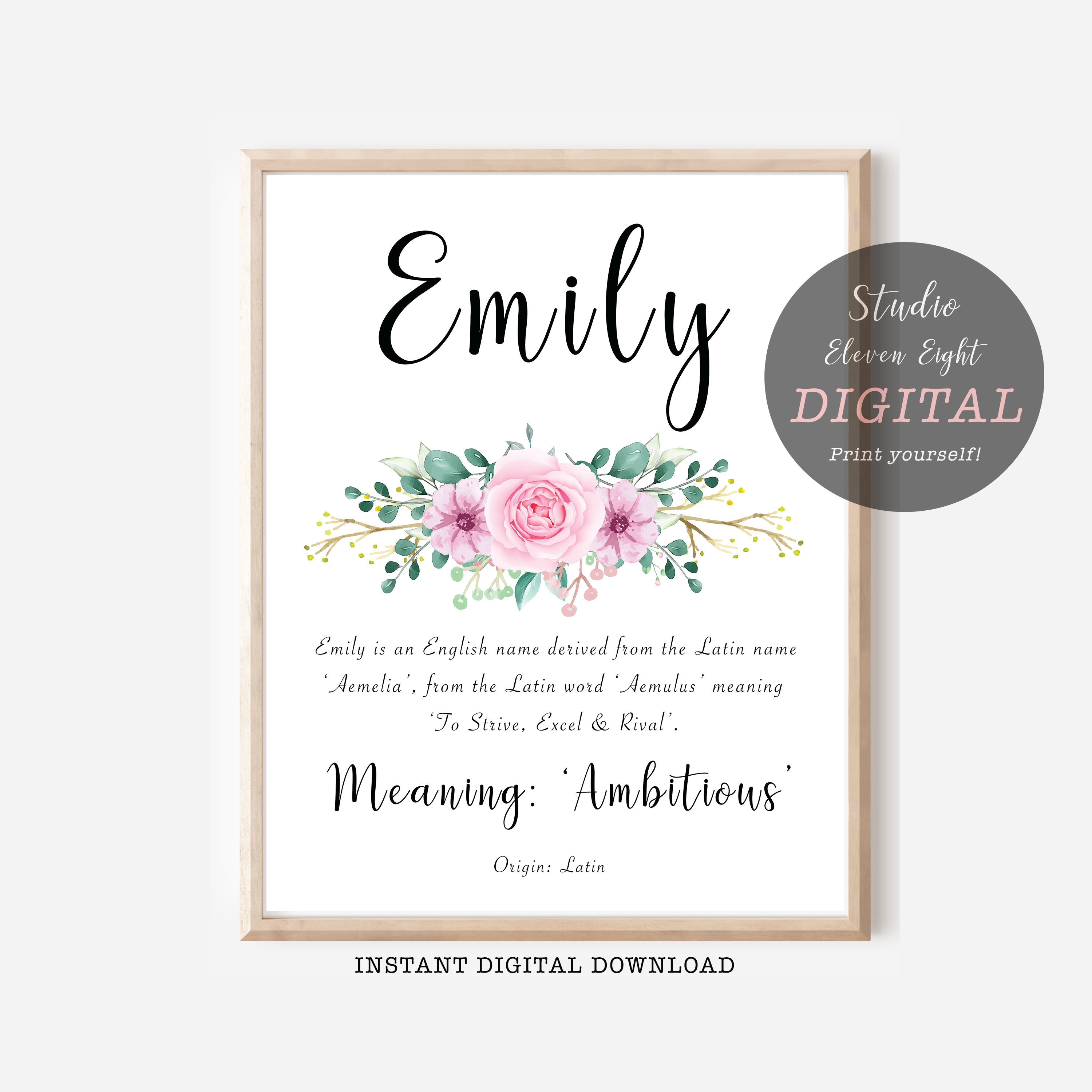 Emily Name Meaning Printable With Pink Floral Design, Emily DIGITAL ...
