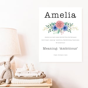 Amelia Name Meaning Printable With Pink and Blue Flowers and Typewriter ...
