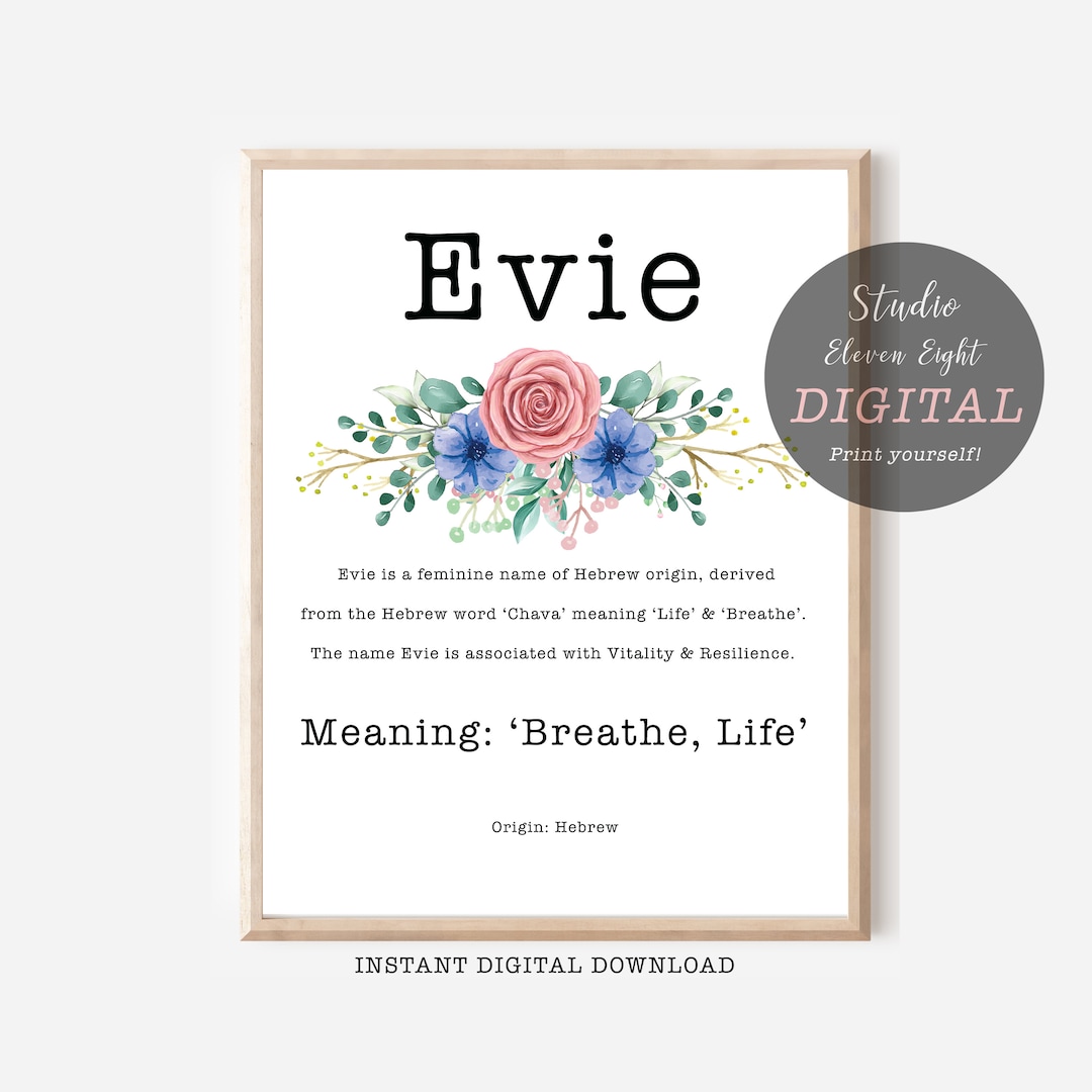 Evie Name Meaning Printable With Pink Flowers and Blue Flowers and ...