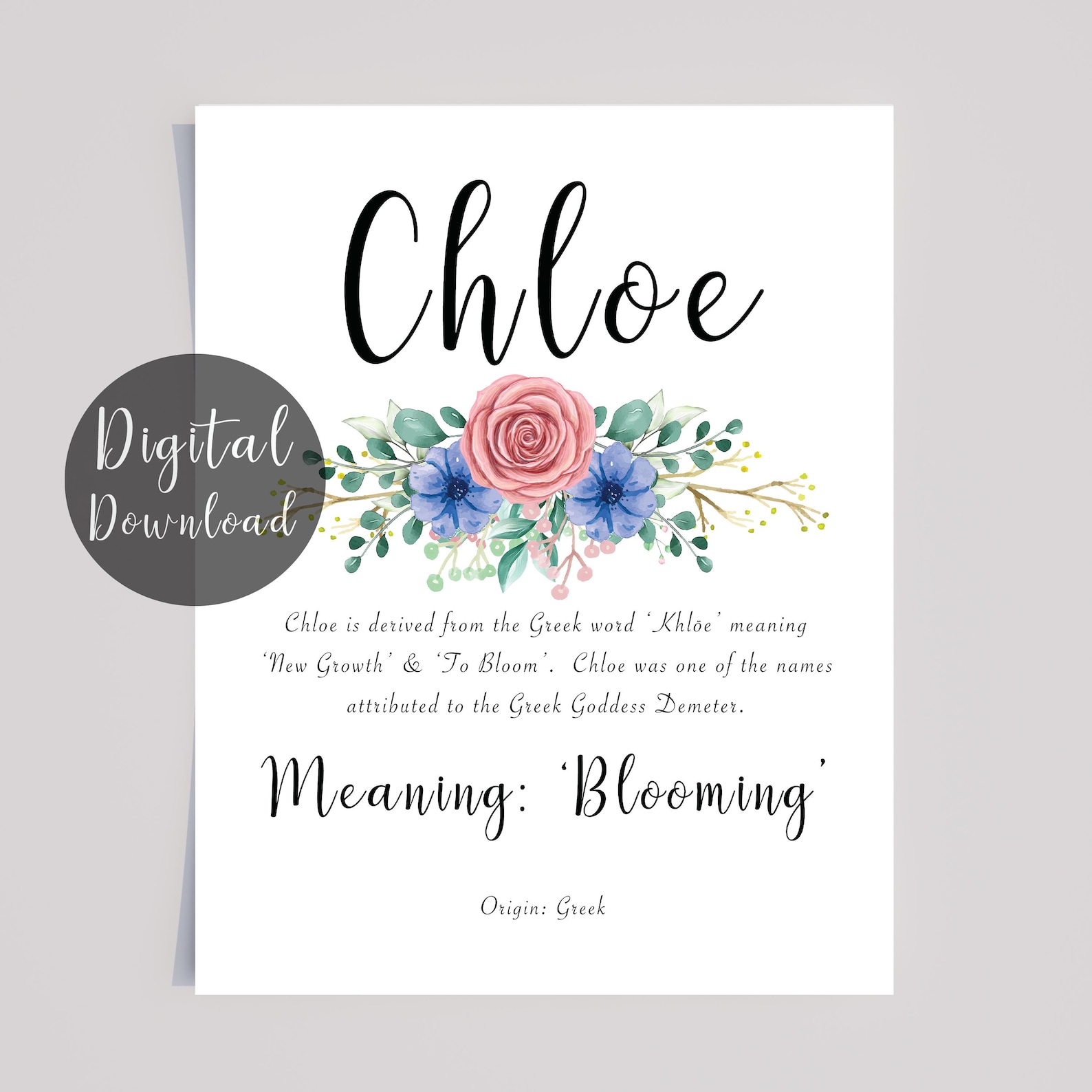 Chloe Name Meaning Print: Pink and Blue Floral Calligraphy (digital ...