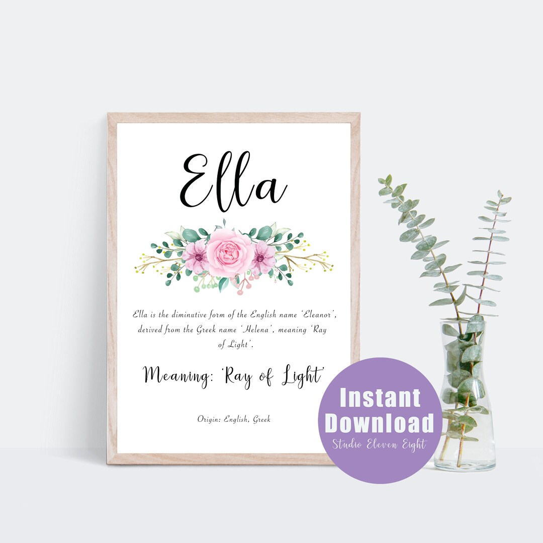 Ella Name Meaning Printable With Pink Floral Design, Ella Digital ...