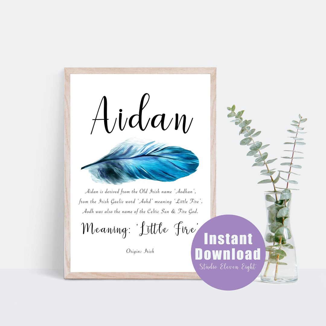 Aidan Name Bedeutung Digitaldruck, blaue Feder, Aidan Namensschild ...