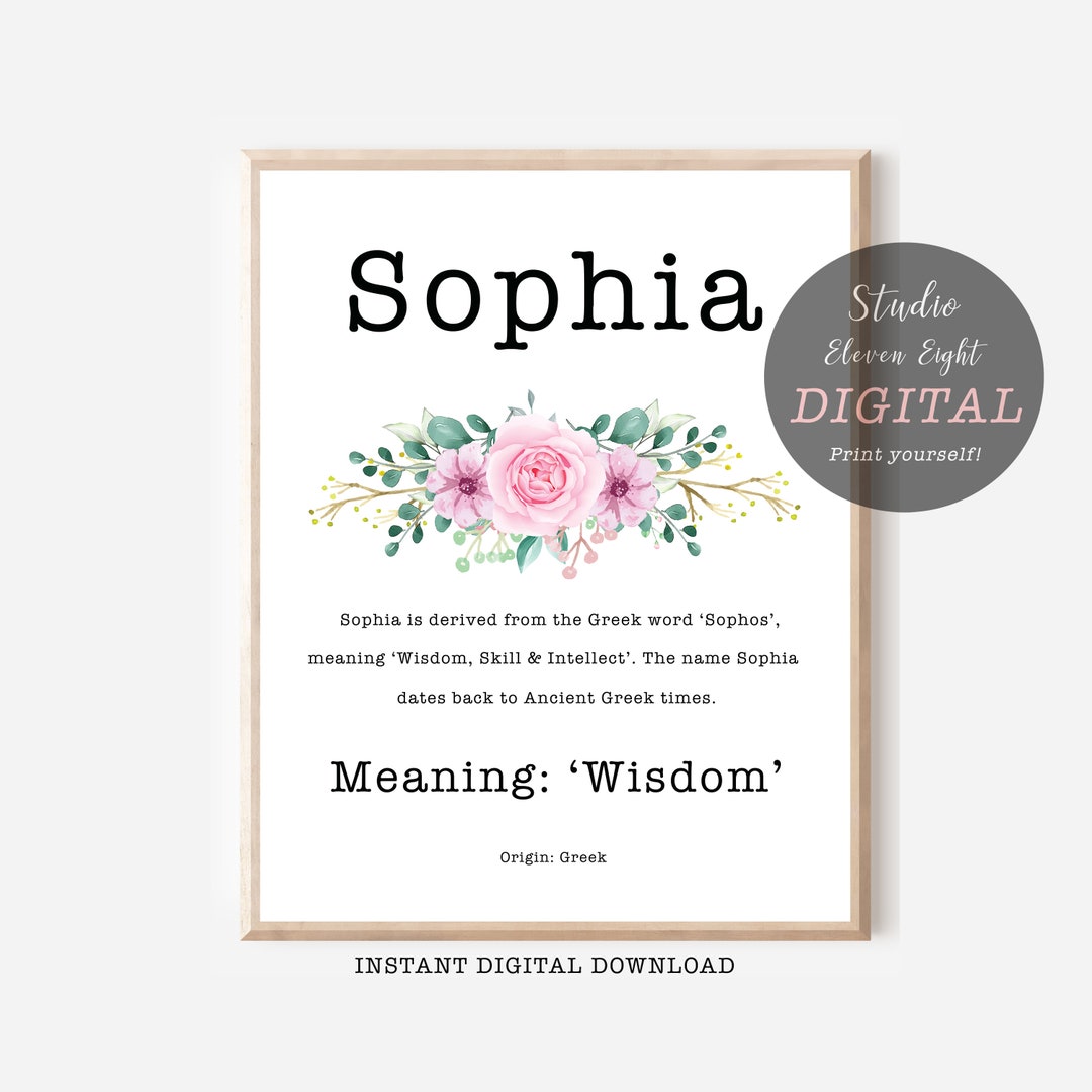 Sophia Name Meaning Printable With Pink Flowers and Typewriter Font ...