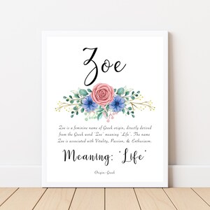 Zoe Name Meaning Printable With Pink and Blue Flowers and Calligraphy ...