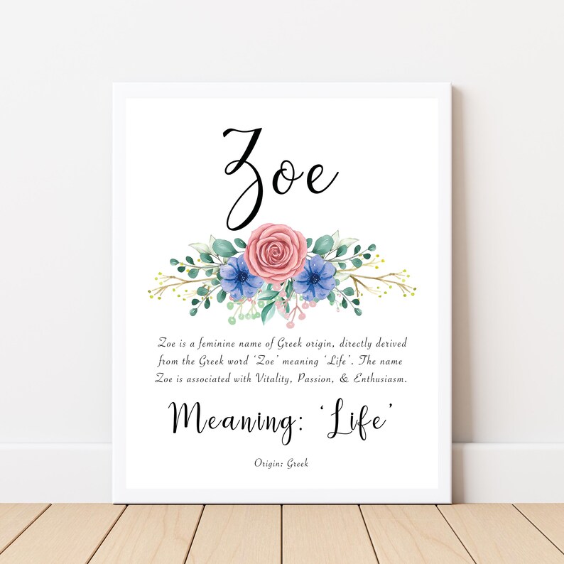 Zoe Name Meaning Printable With Pink and Blue Flowers and Calligraphy ...