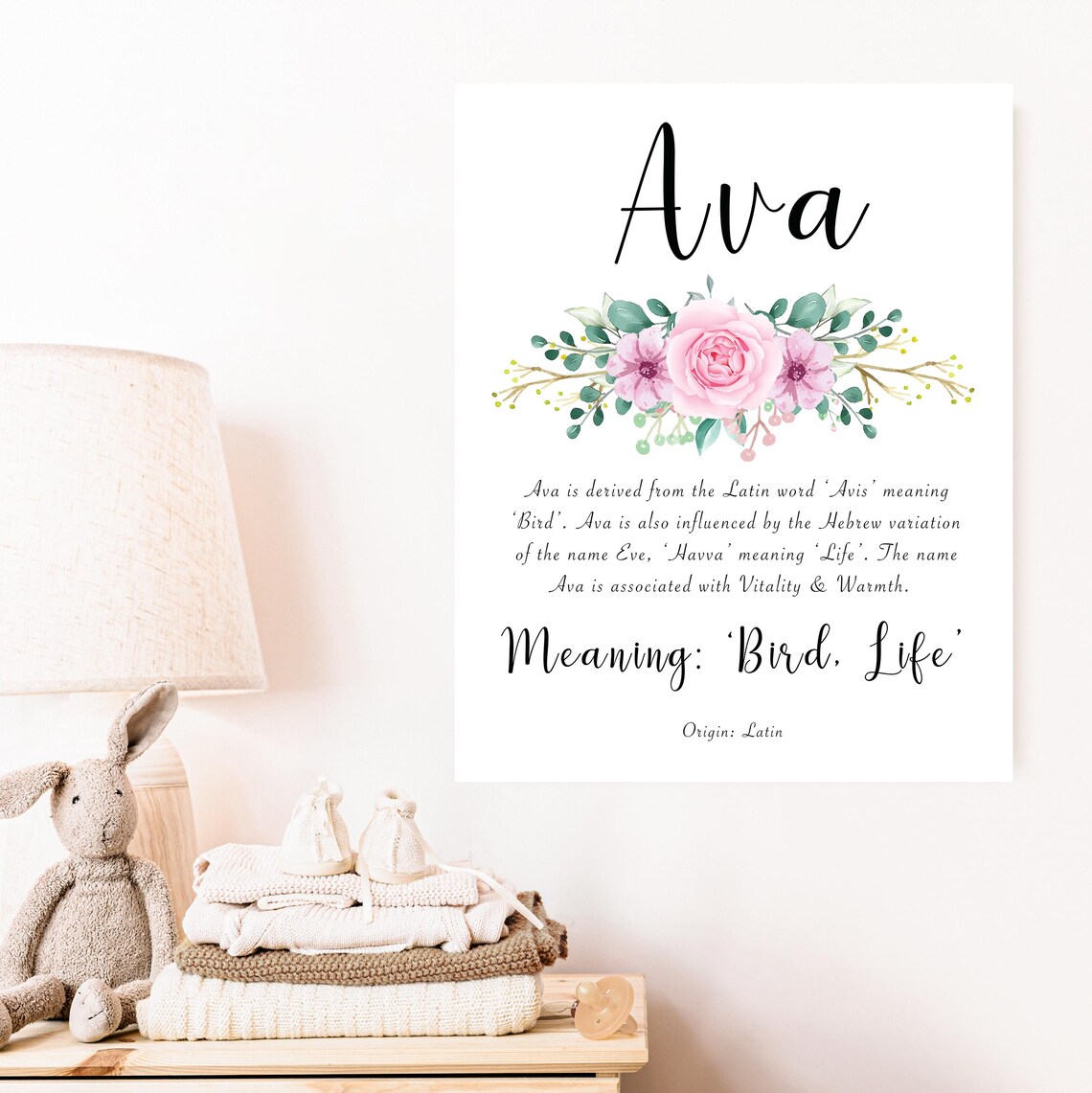 Ava Name Meaning Printable With Pink Flowers and Calligraphy : Digital ...