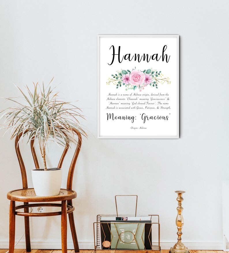 HANNAH Name Meaning Print : Pink Flowers , Calligraphy (DIGITAL ...