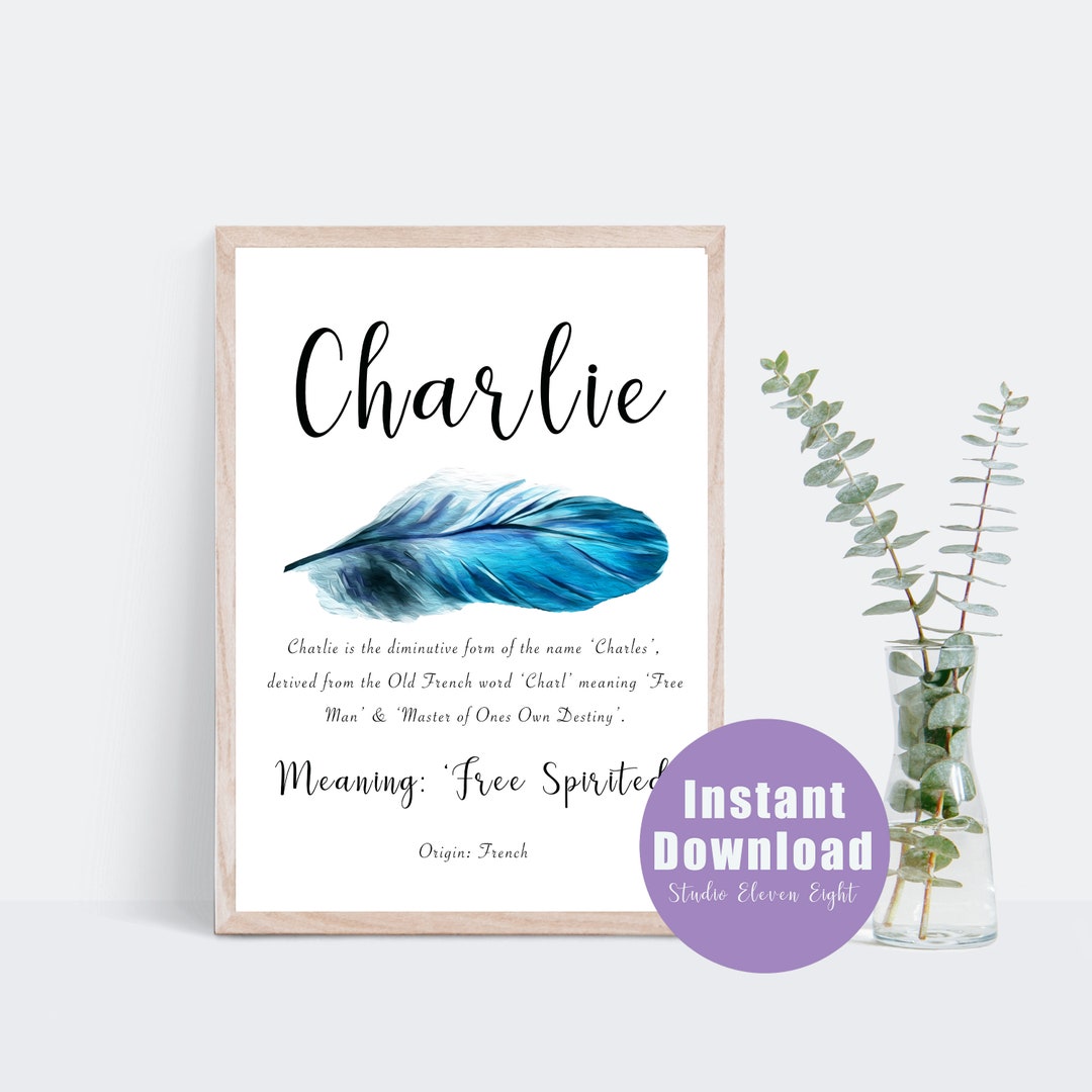 Charlie Name Meaning Digital Print, Blue Feather, Charlie Name Sign ...