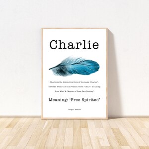 Charlie Name Meaning Digital Printable With Blue Feather and Typewriter ...